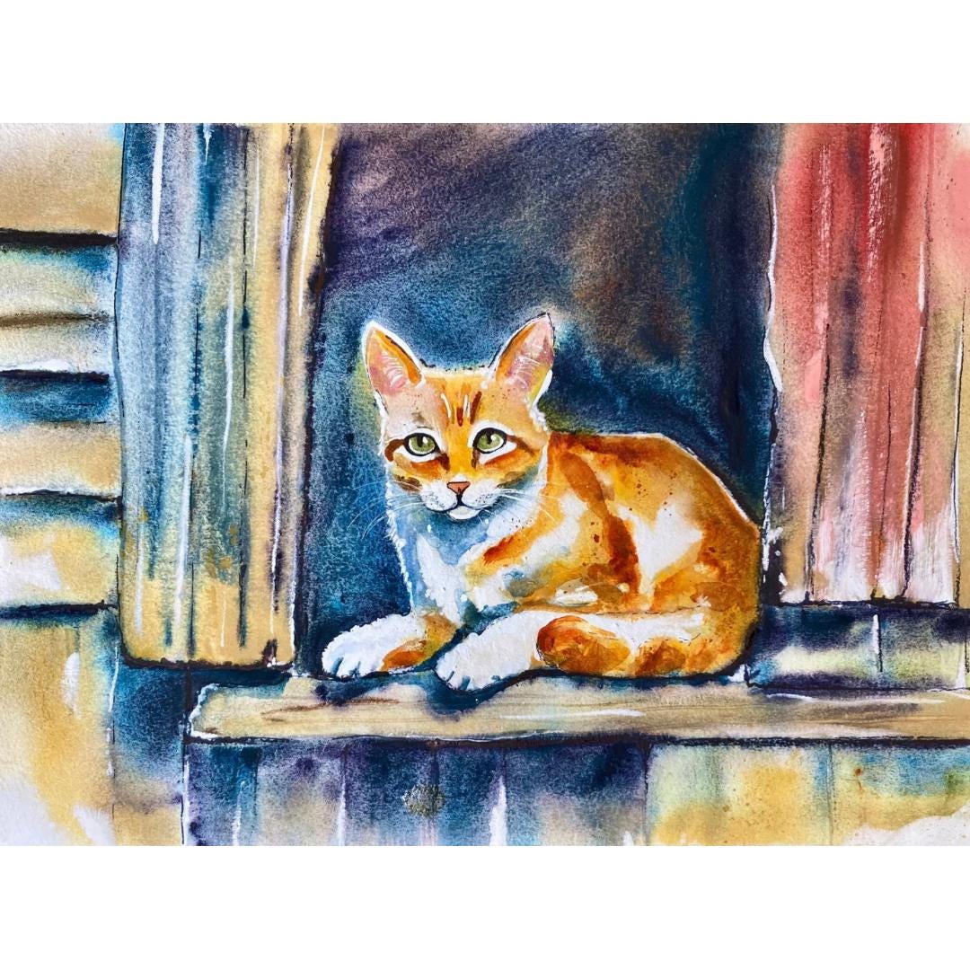 Cat Watercolor Painting, Watercolor Cat Print, Cat Painting, Orange Cat ...