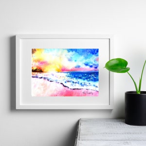 Tropical Beach Sunset Painting, Watercolor Beach, Ocean Waves, Ocean ...