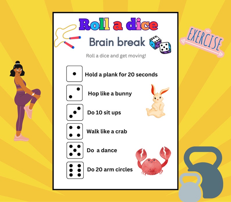 Fitness and Exercise Activity for Kids, Brain Break, Dice Game Movement ...