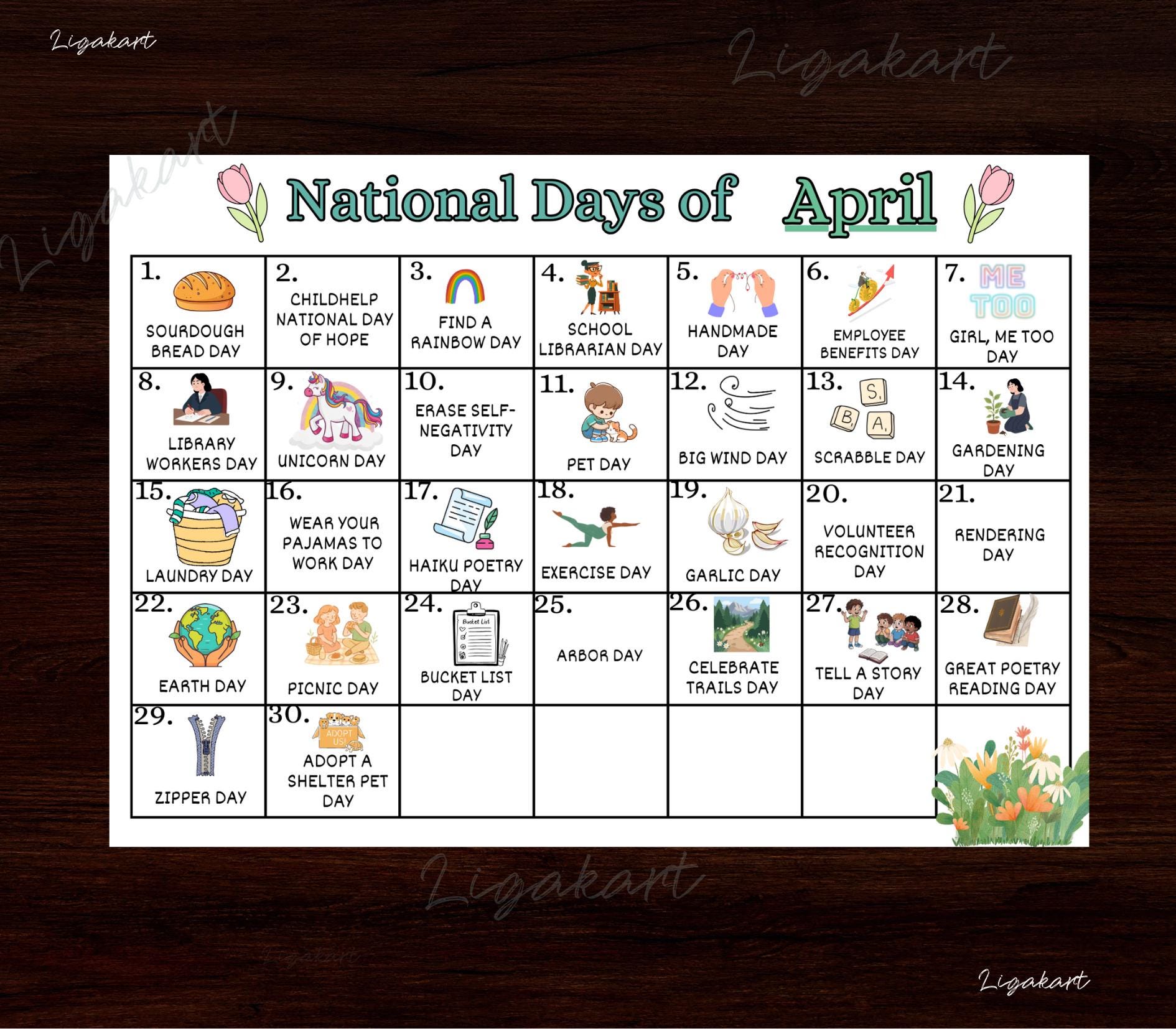 April National Days Calendar for Each Day, Family Classroom Fun ...
