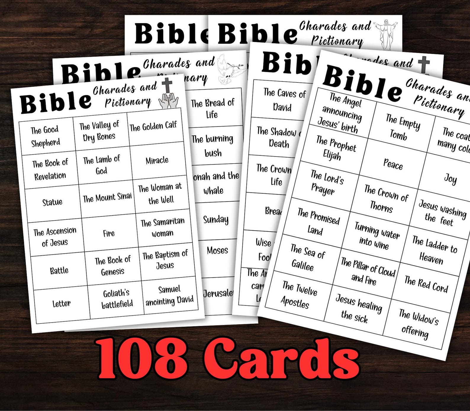 108 Printable Bible Charade Cards, Bible Pictionary Cards, Bible Games ...