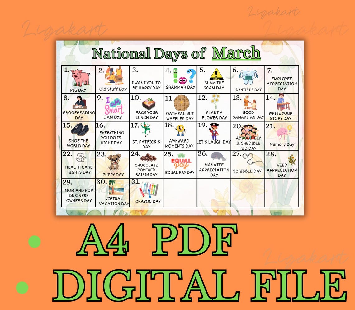 Printable March National Days Calendar, Family Classroom Fun (digital ...