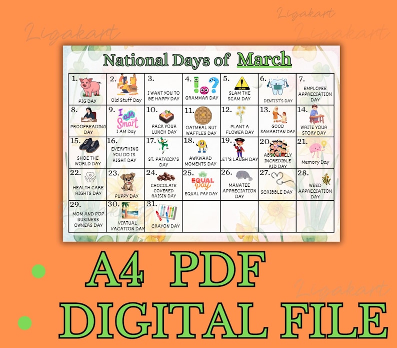 Printable March National Days Calendar, Family Classroom Fun (digital ...