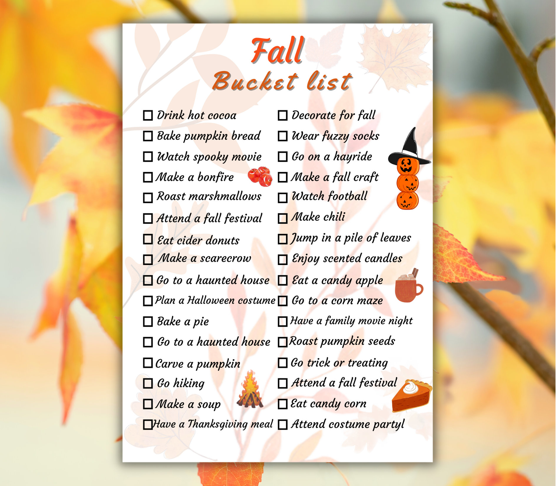 Fall Bucket List Fall to Do List Fall Time Activities for - Etsy