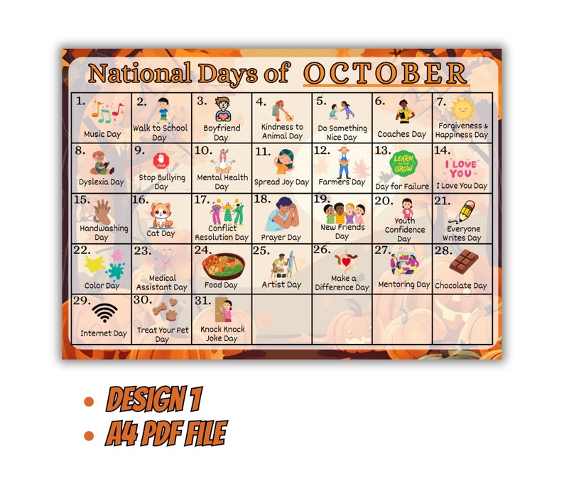 Fun October Holiday Calendar, Printable OCTOBER National Days Calendar ...