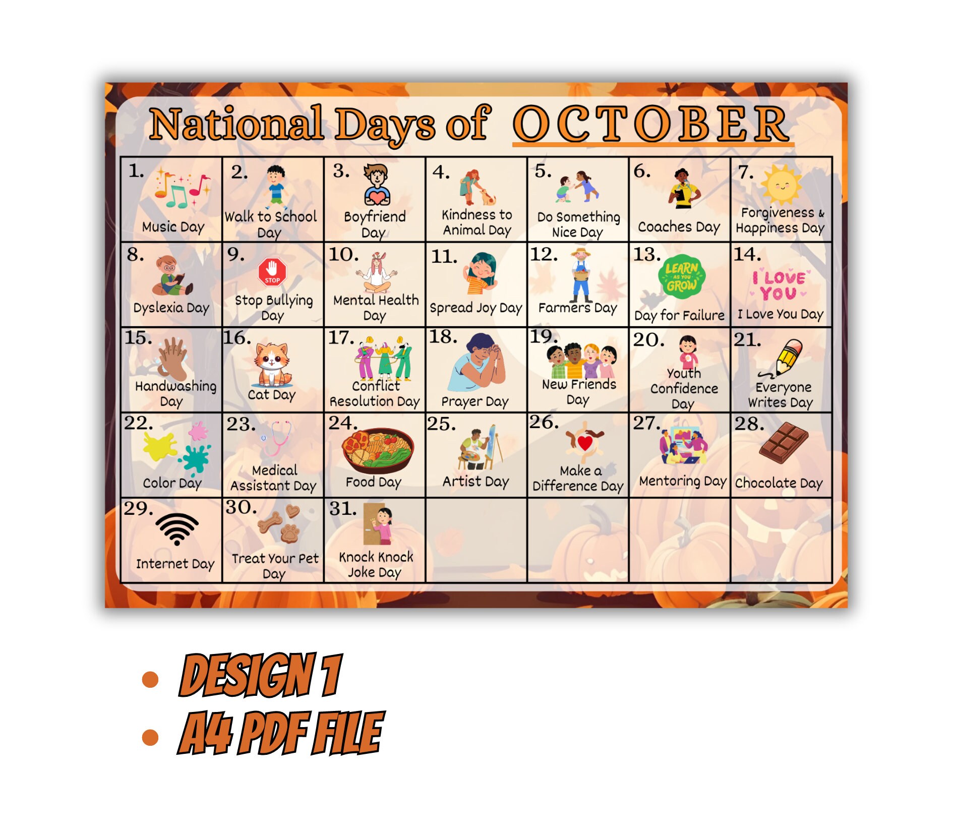 Fun October Holiday Calendar, Printable OCTOBER National Days Calendar ...