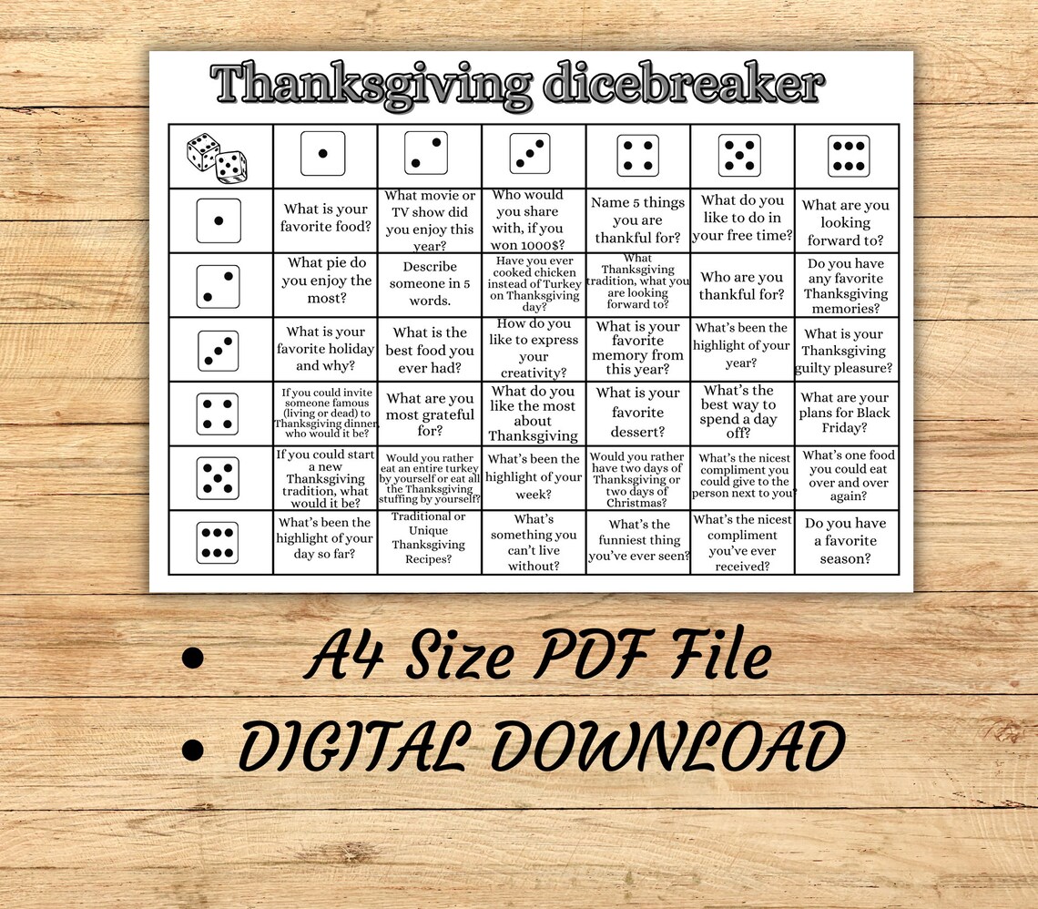 Dicebreaker Roll and Tell Game, Thanksgiving Icebreaker Game ...