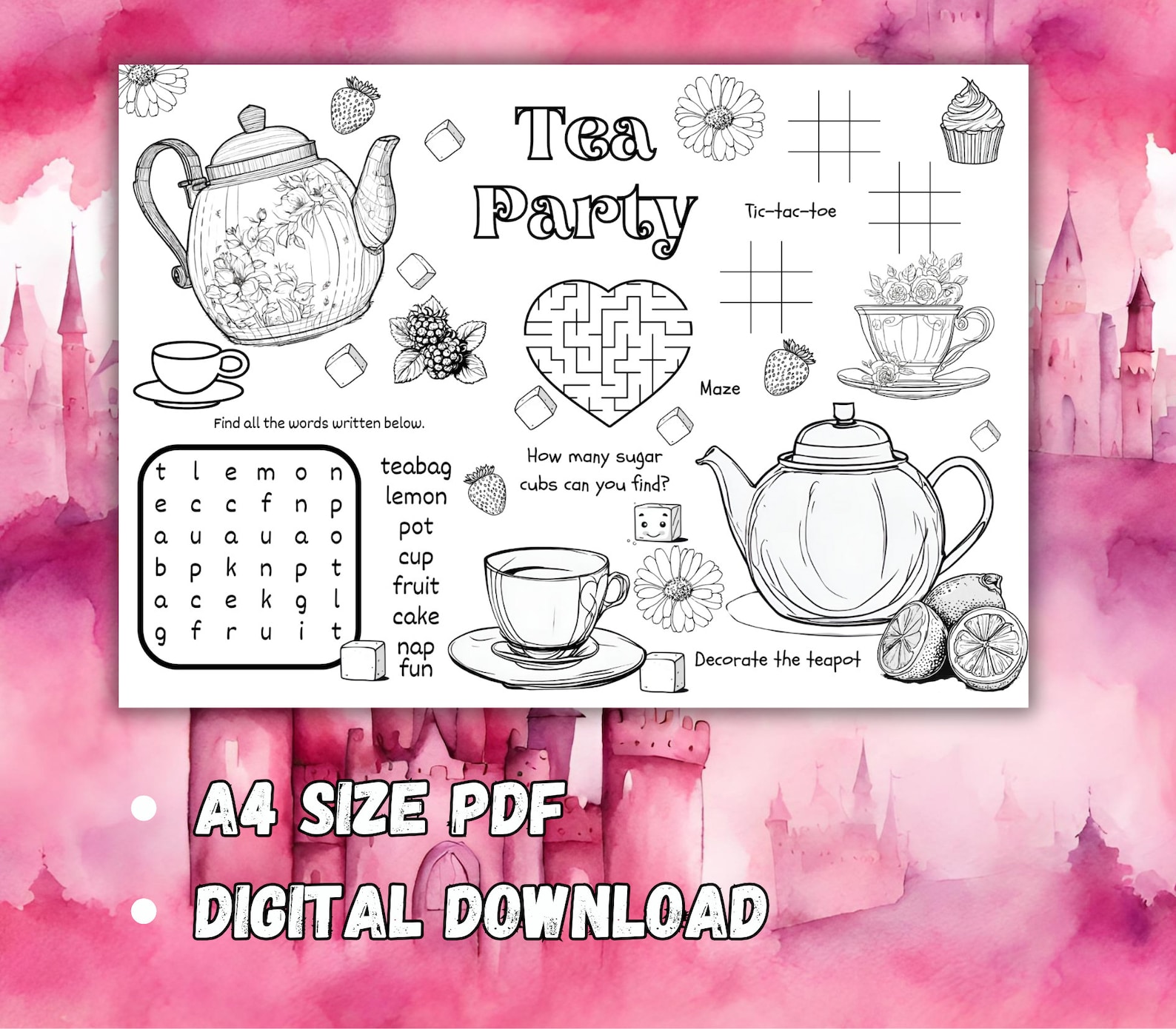 Kids Tea Party Activity & Coloring Sheet, Tea Party Games, Princess ...
