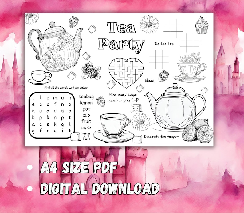 Kids Tea Party Activity & Coloring Sheet, Tea Party Games, Princess ...