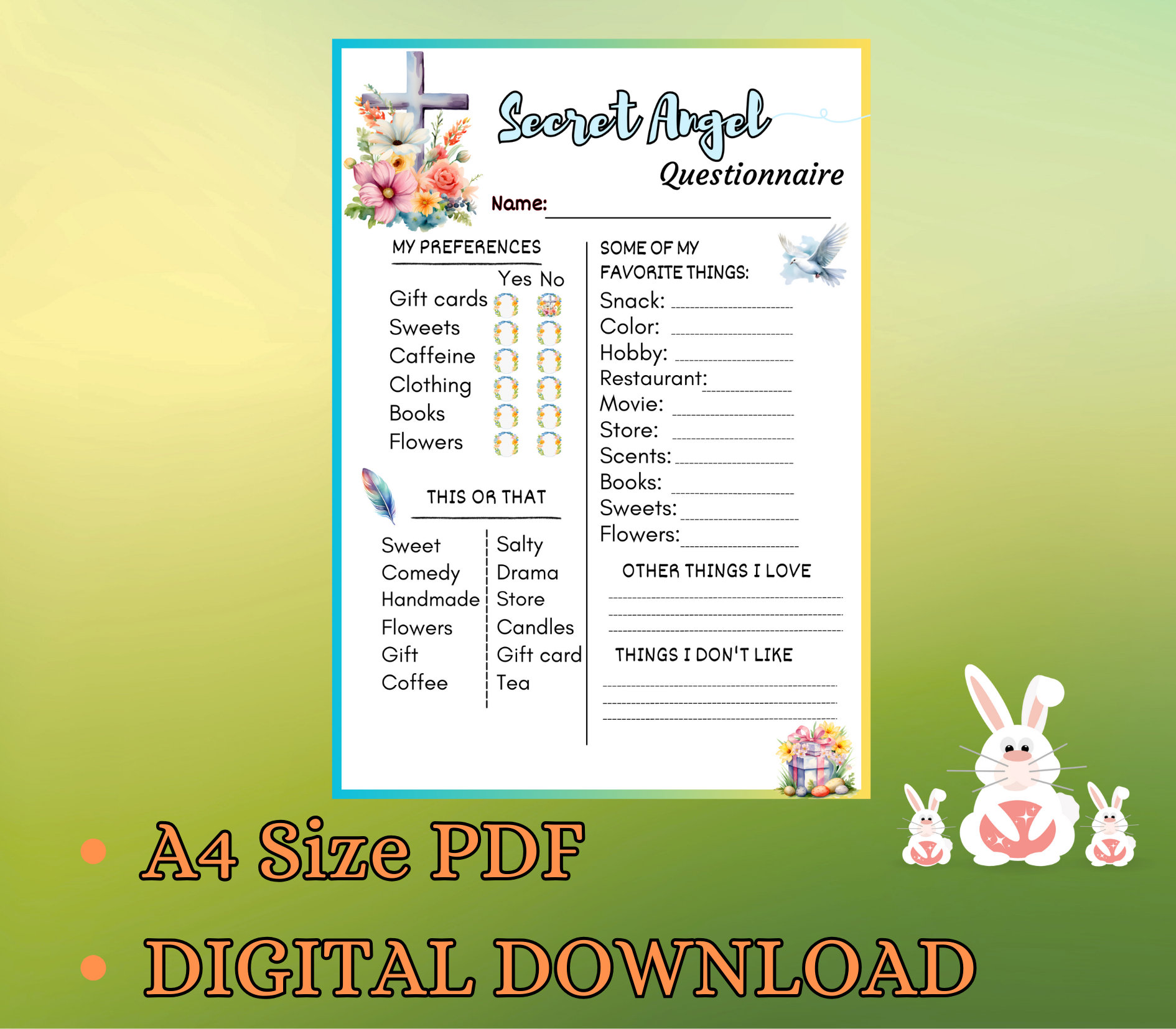 Secret Angel Questionnaire, Secret Bunny Survey, Easter Gift Exchange ...