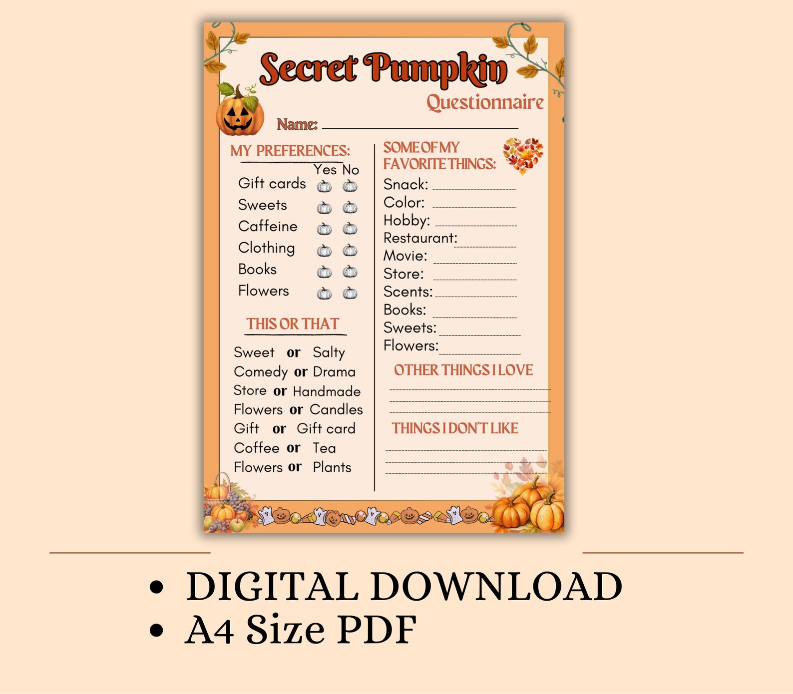 Secret Pumpkin Questionnaire, Secret Boo Survey, Halloween Gift ...
