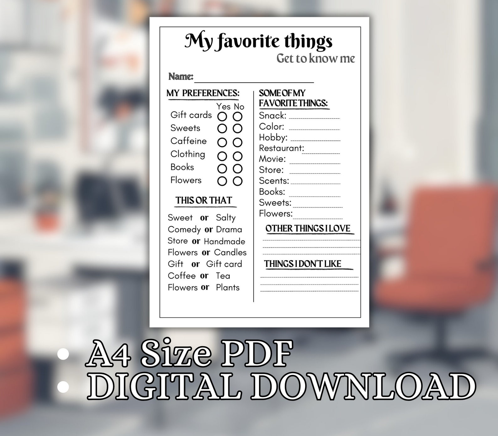 Employee Favorite Things Survey, Co-worker All About Me List, Employee ...
