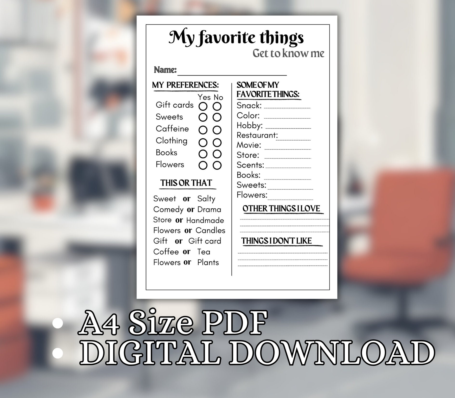 Employee Favorite Things Survey, Co-worker All About Me List, Employee ...