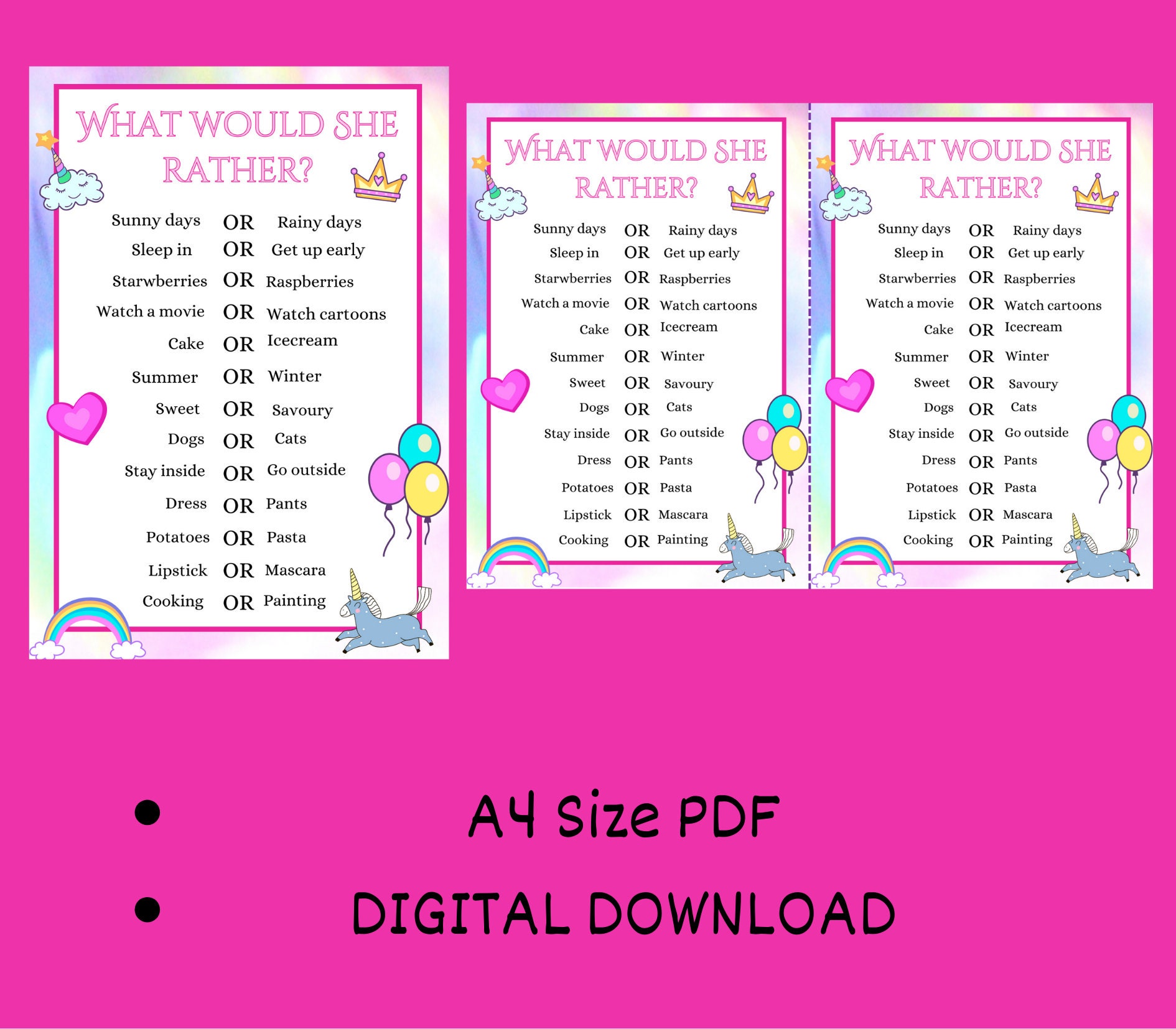 Unicorn Birthday Game Printable, What Would the Birthday Girl Choose ...