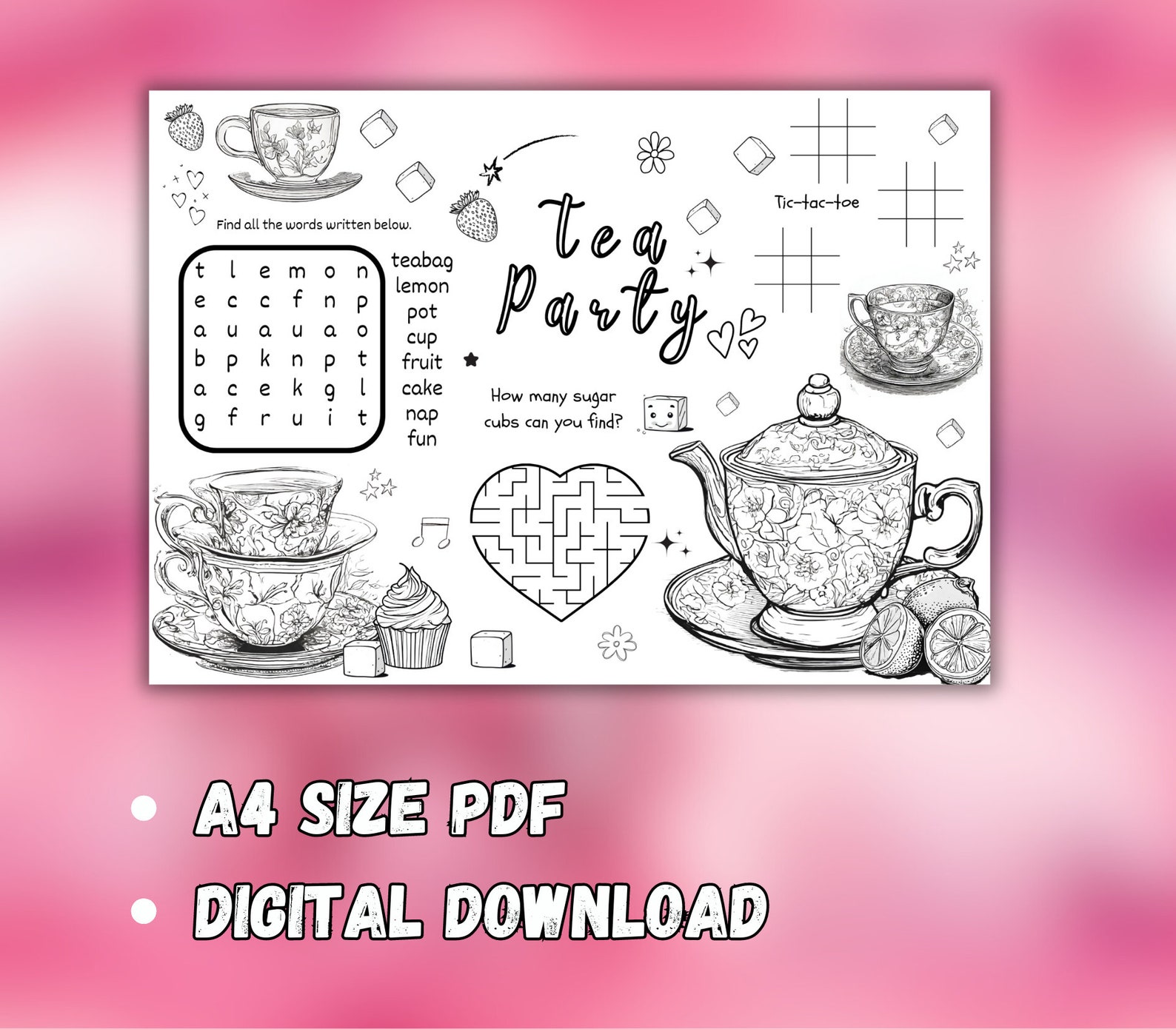 Kids Tea Party Activity Mat, Party Coloring Sheet, Tea Party Games ...