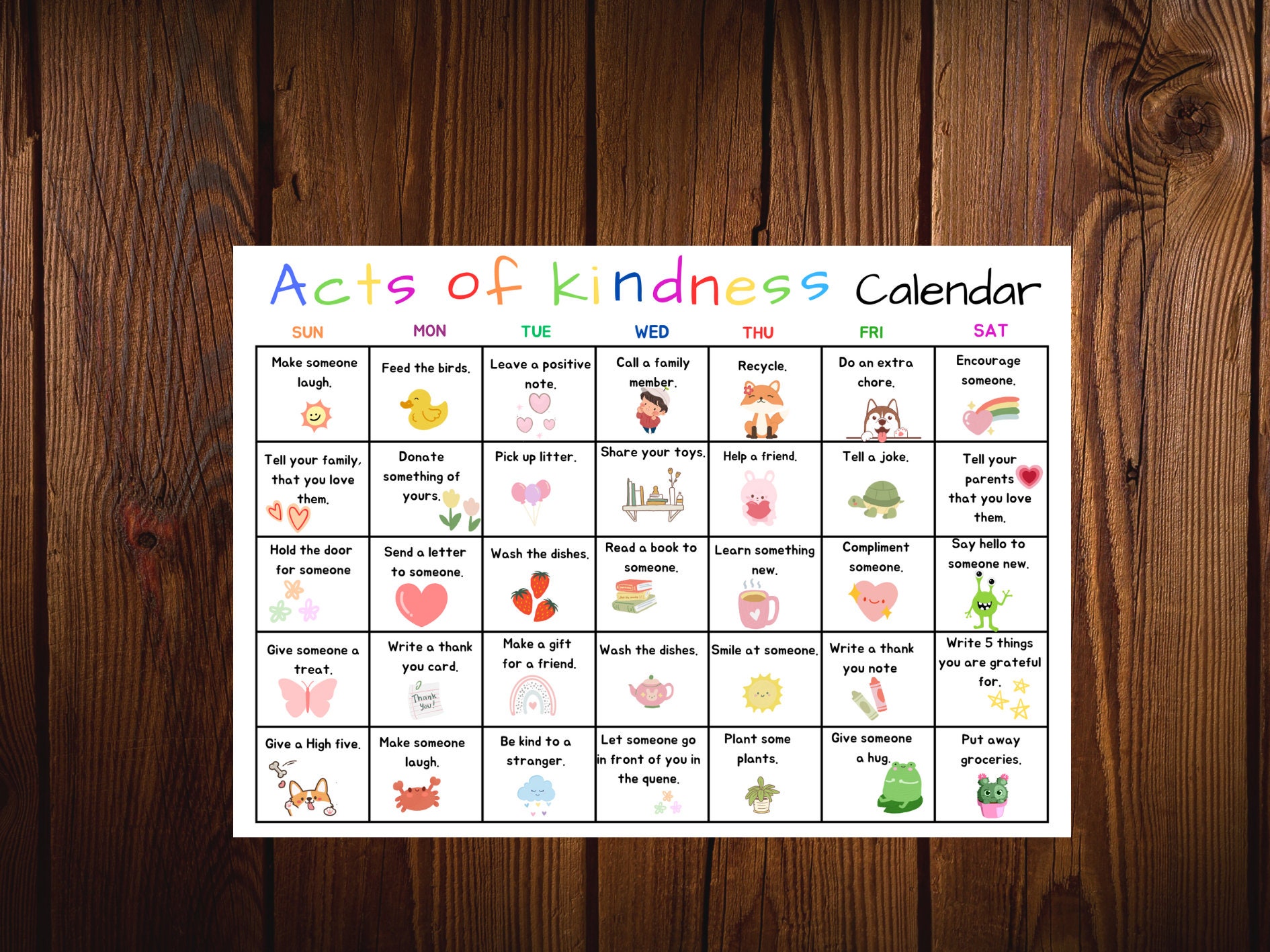 Acts of Kindness Calendar Kindness Activities for Kids - Etsy UK
