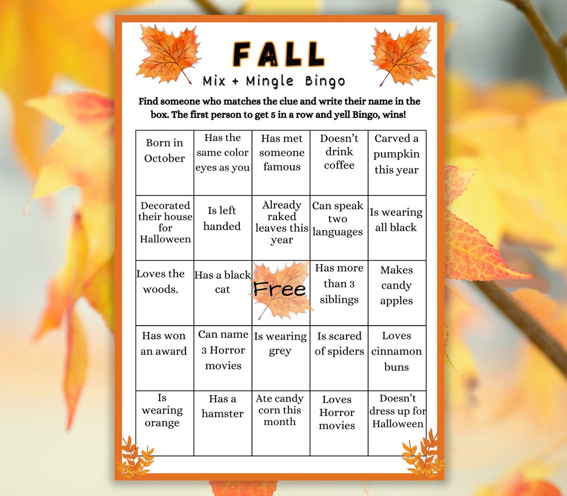 Fall Mix & Mingle Bingo Game, Fall Find the Guest Bingo Game, Cute Fall ...