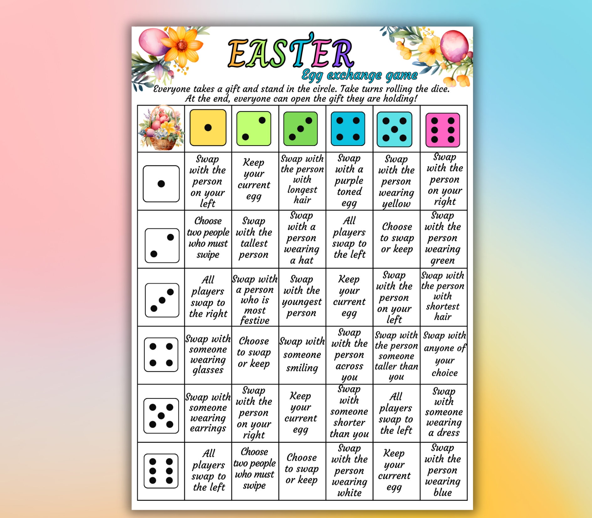 Easter Egg Gift Exchange Dice Game, Roll the Dice Easter Egg Exchange ...