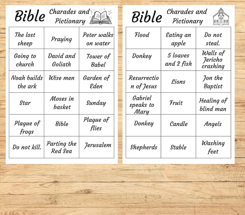 Bible Charades, Printable Bible Pictionary Cards, Printable Bible Games ...
