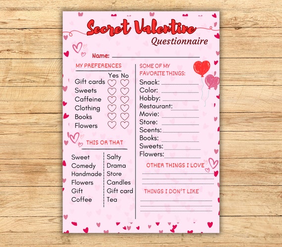 Secret Valentine Survey Questionnaire Valentine s Day Gift Exchange Valentine Activity Classroom Valentine Adult Candy Activity Etsy