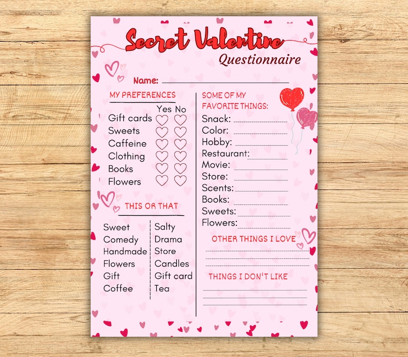 Secret Valentine Survey Questionnaire, Valentine's Day Gift Exchange ...