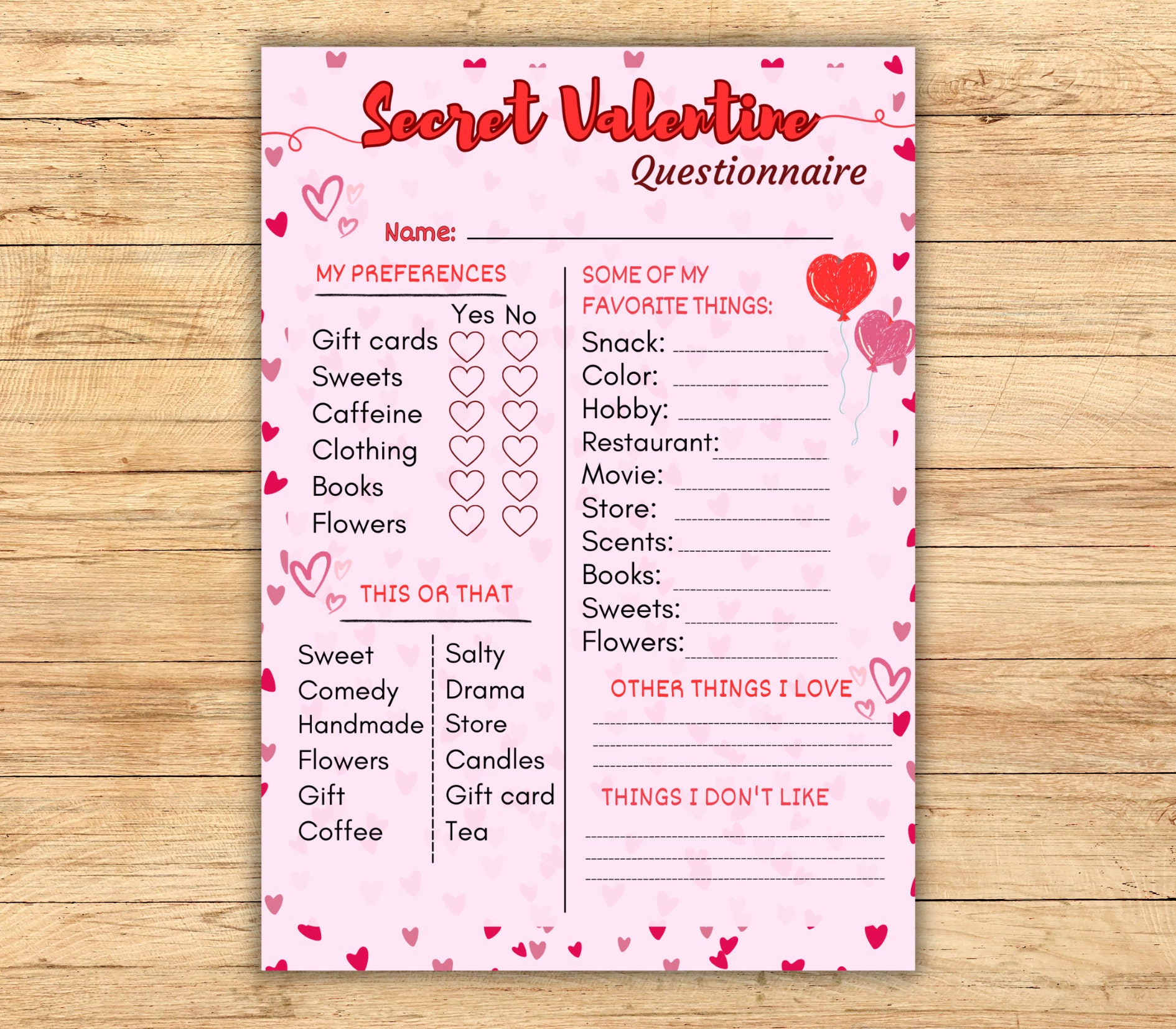 Secret Valentine Survey Questionnaire, Valentine's Day Gift Exchange ...