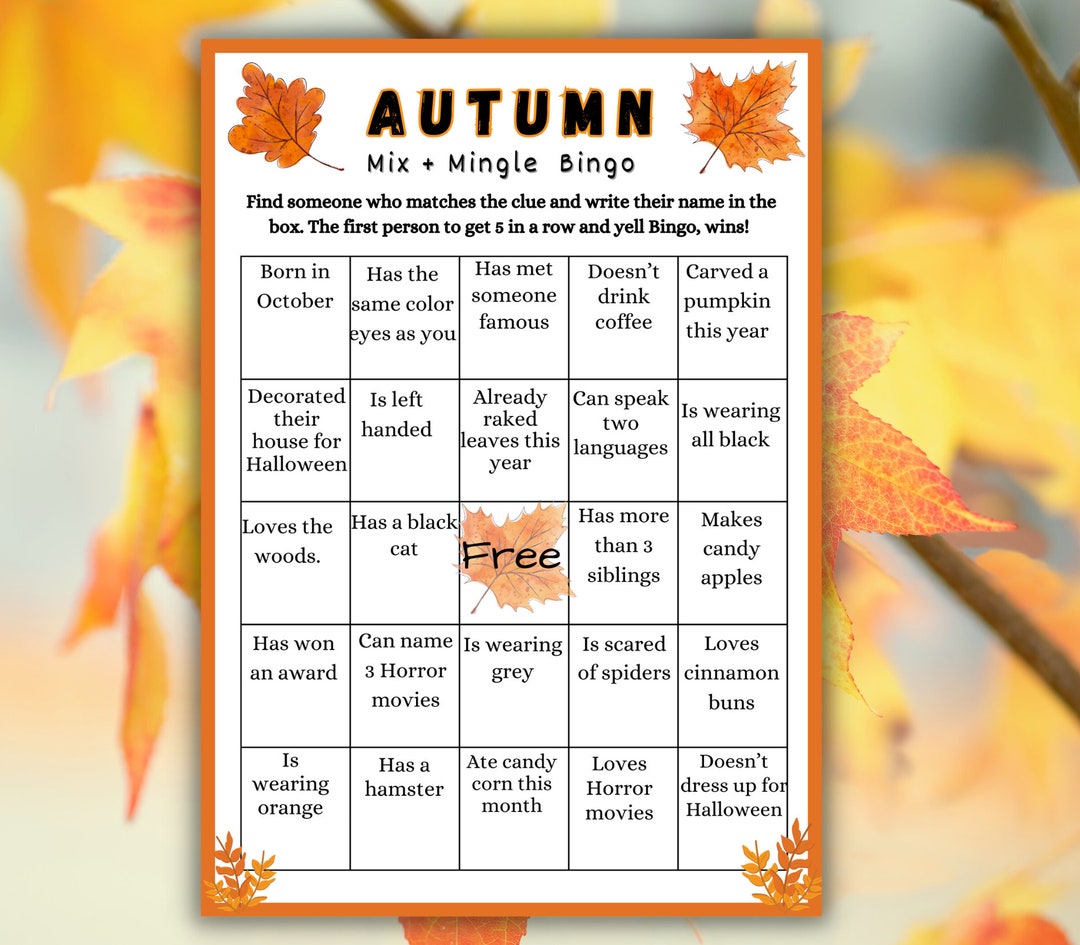 Fall Mix & Mingle Bingo Game, Fall Find the Guest Bingo Game, Cute Fall ...