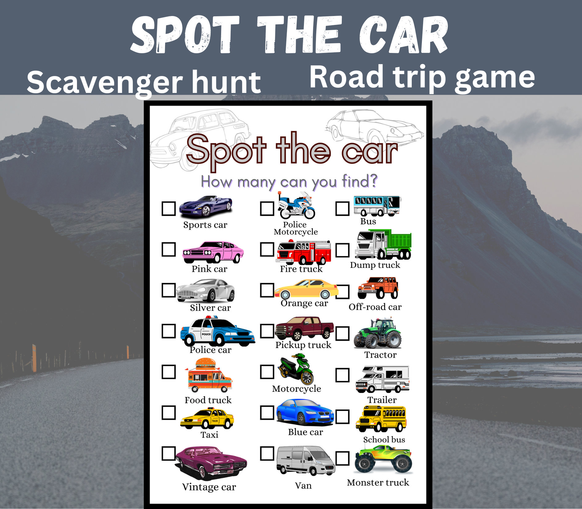 Spot the Car Road Trip Game, Car Scavenger Hunt, Printable Game for ...