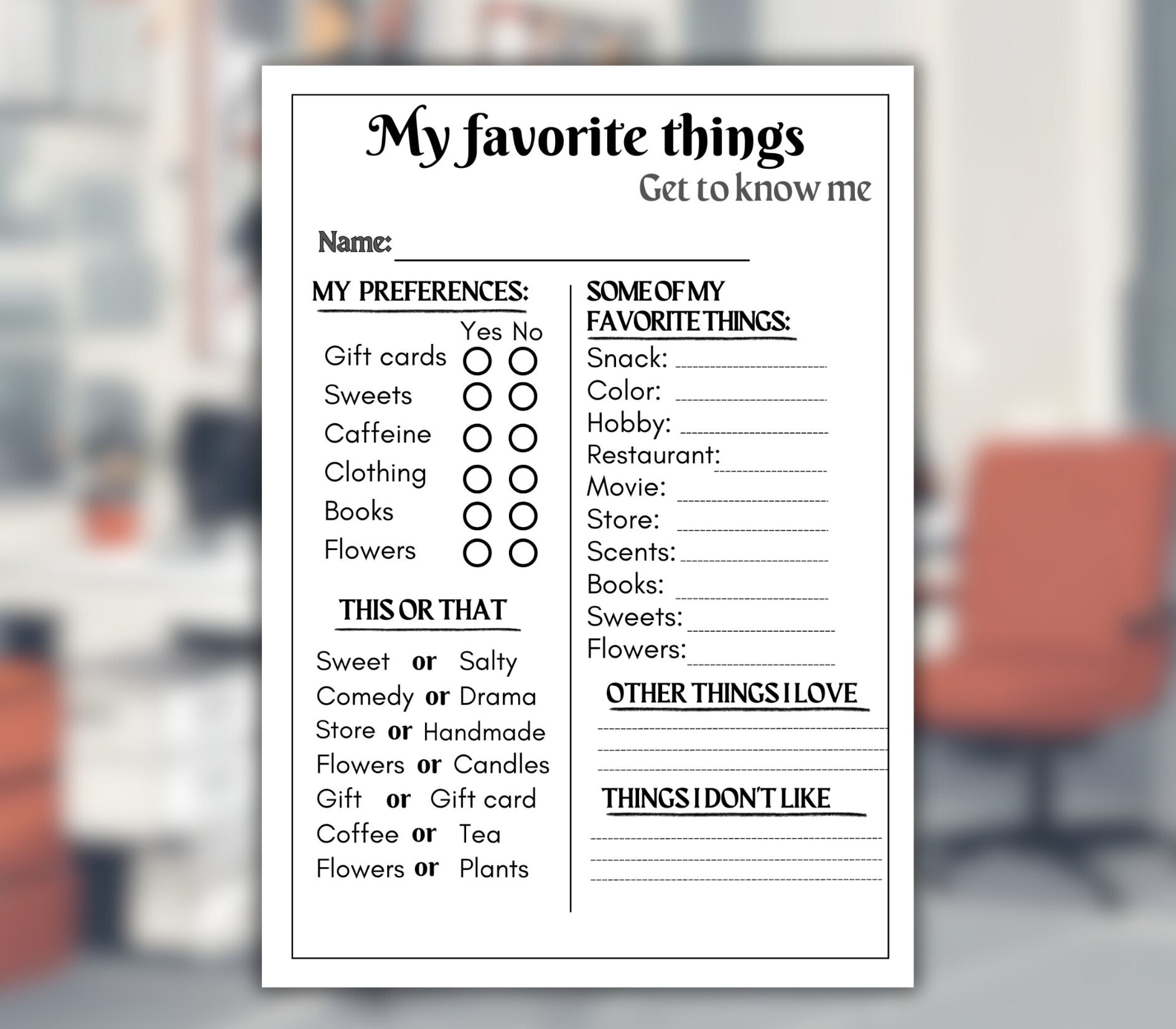 Employee Favorite Things Survey, Co-worker All About Me List, Employee ...
