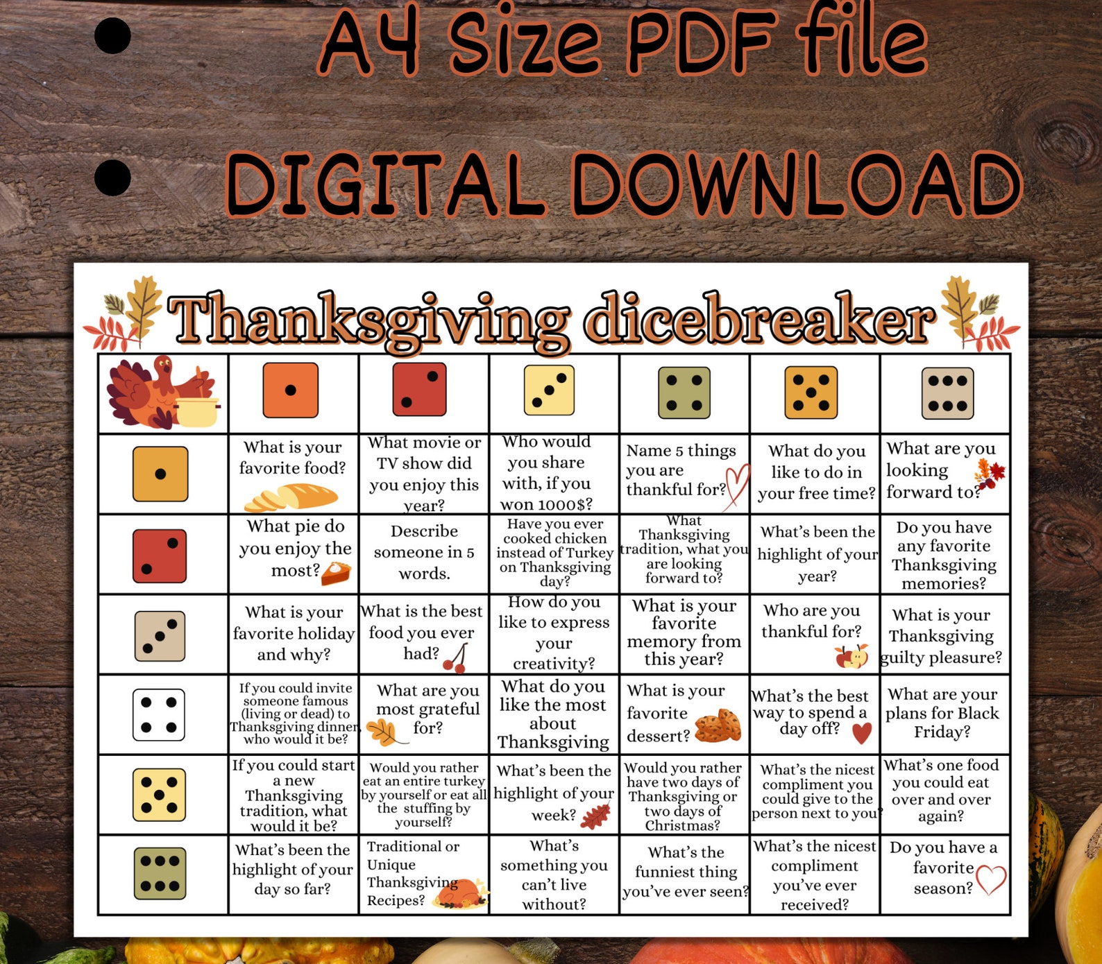 Dicebreaker Roll and Tell Game, Thanksgiving Icebreaker Game ...