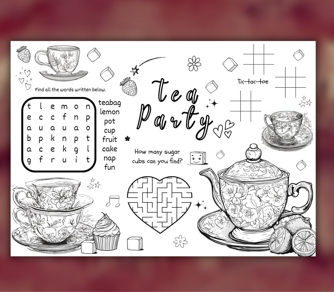 Kids Tea Party Activity Mat, Party Coloring Sheet, Tea Party Games ...