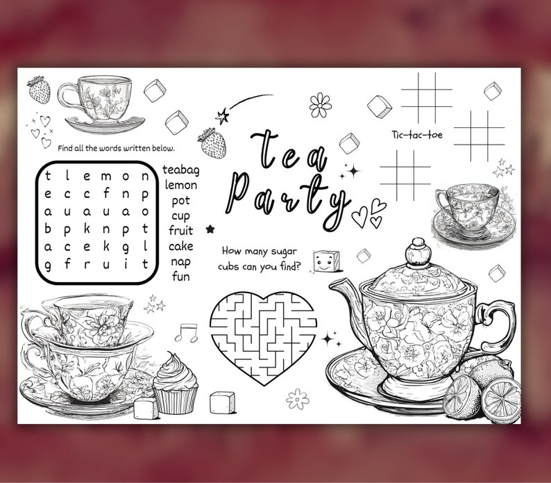 Kids Tea Party Activity Mat, Party Coloring Sheet, Tea Party Games ...