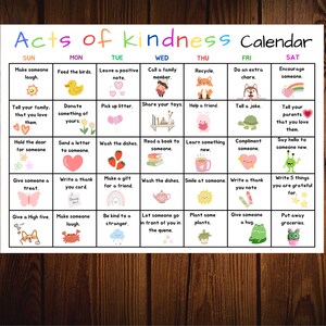 Acts of Kindness Calendar, Kindness Activities for Kids, Random Acts of ...