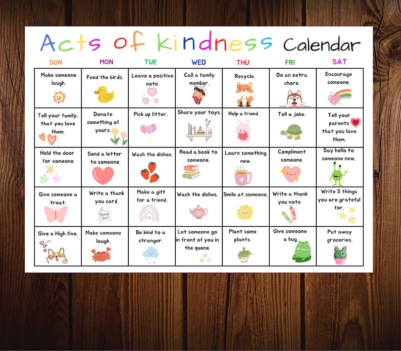 Acts of Kindness Calendar, Kindness Activities for Kids, Random Acts of ...