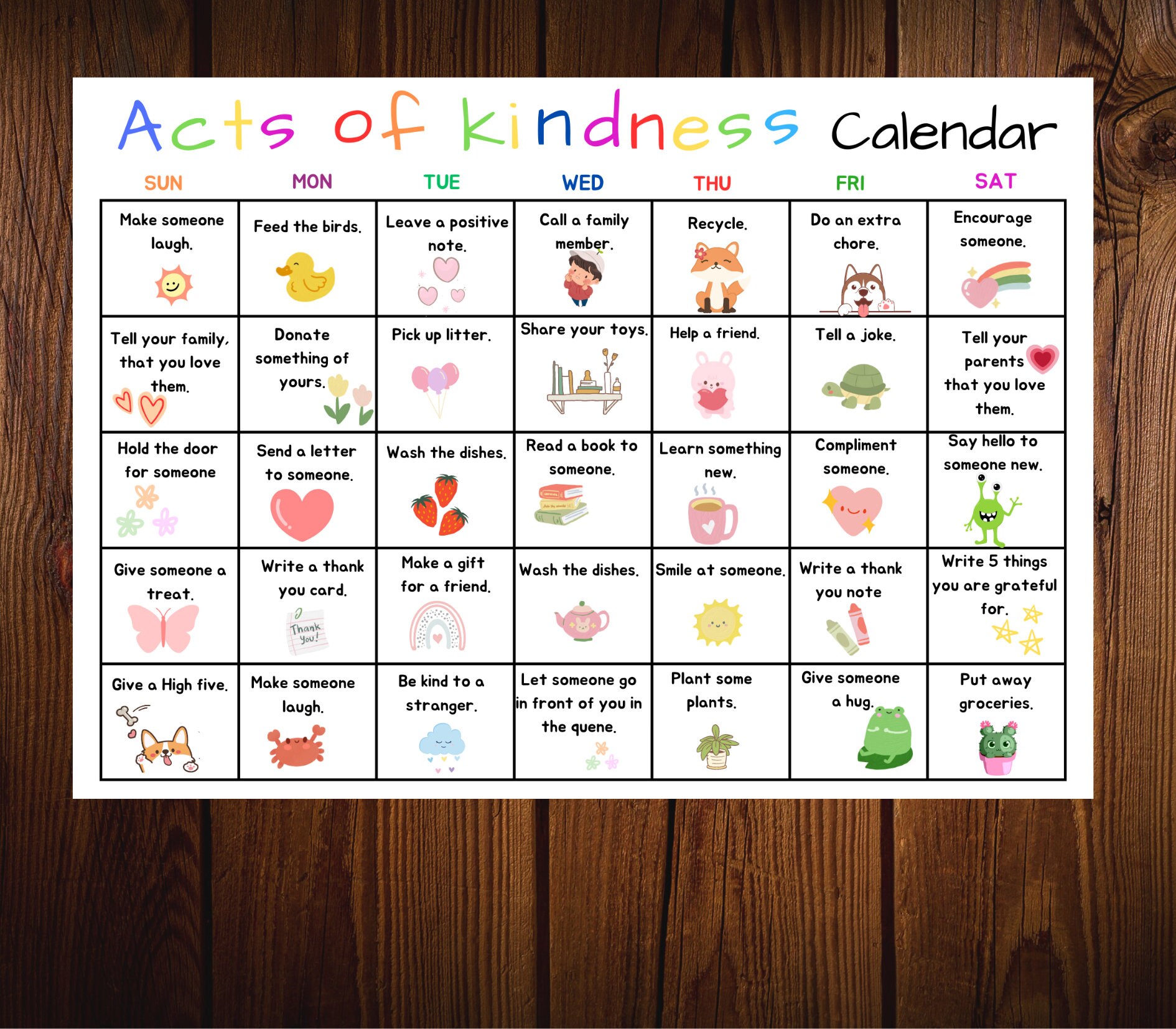 Acts of Kindness Calendar, Kindness Activities for Kids, Random Acts of ...