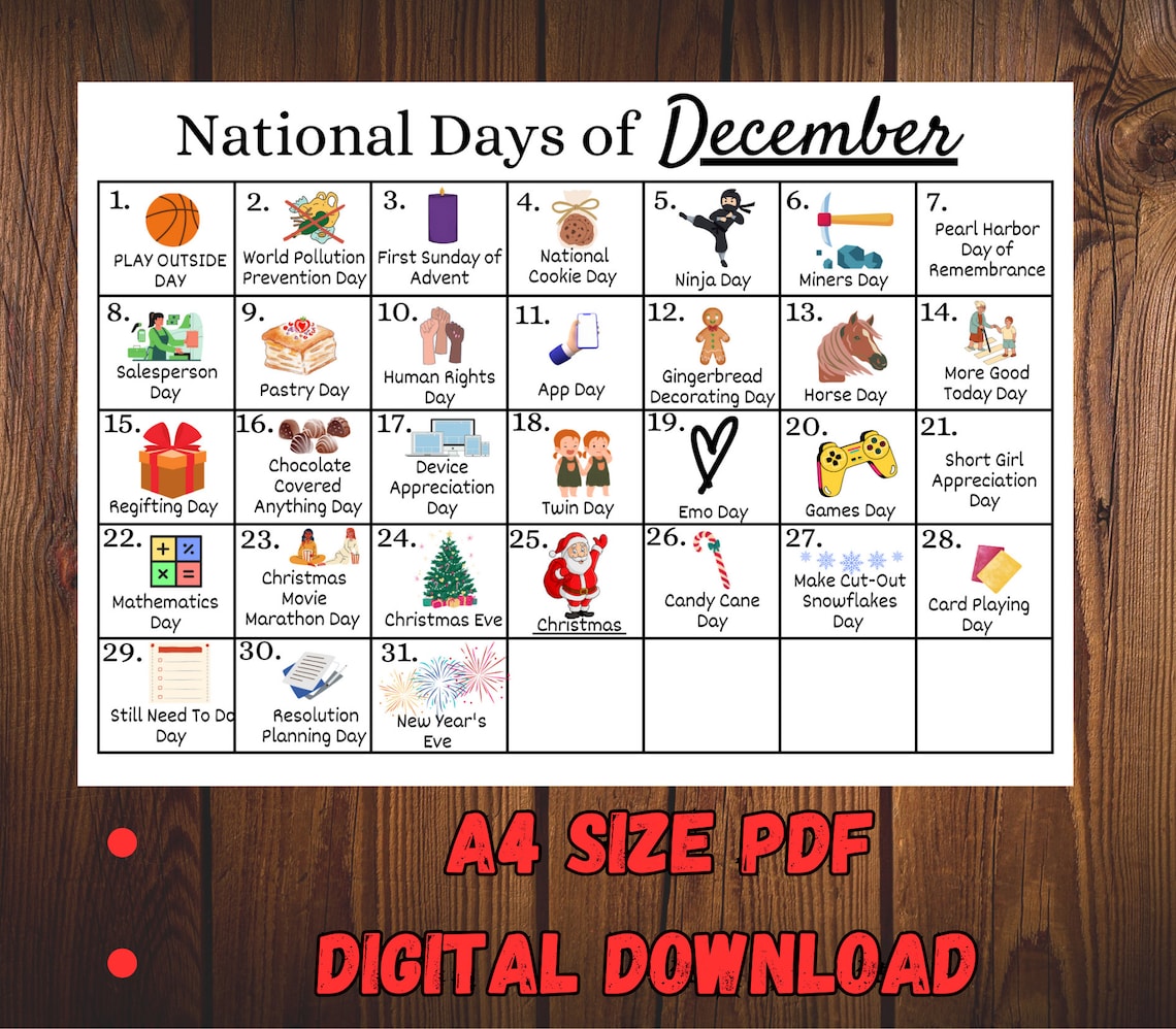Printable December National Days Calendar, Fun Family Calendar ...