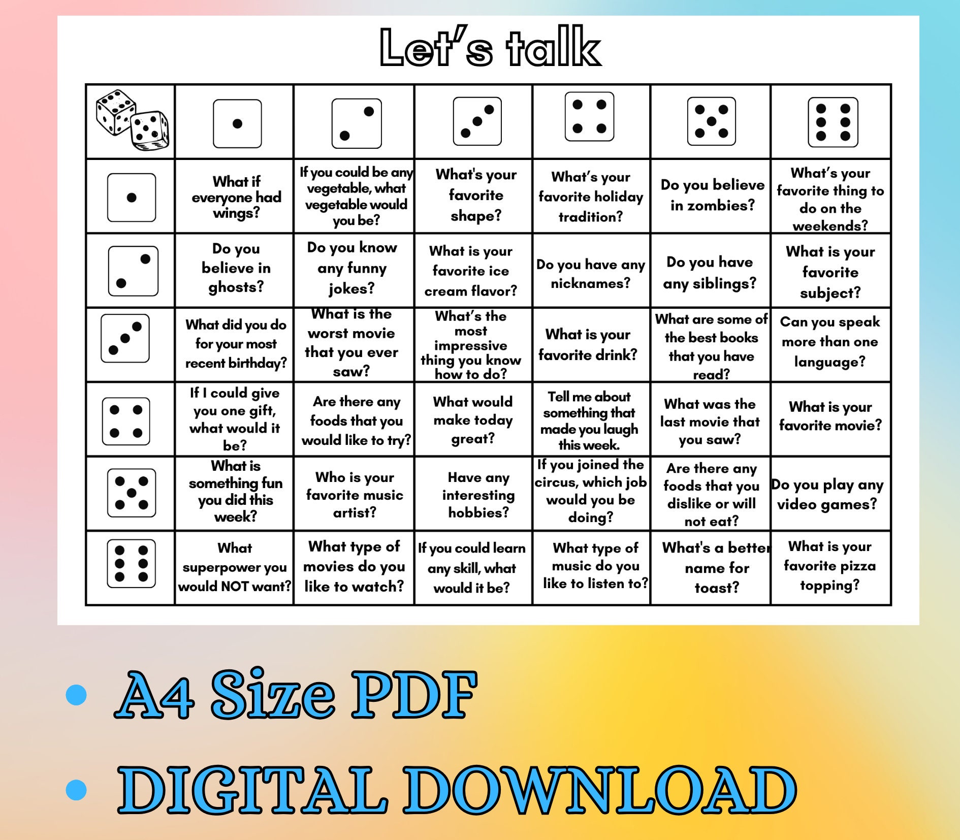 Dicebreaker for Kids, Back to School, Icebreaker Activity, Conversation ...