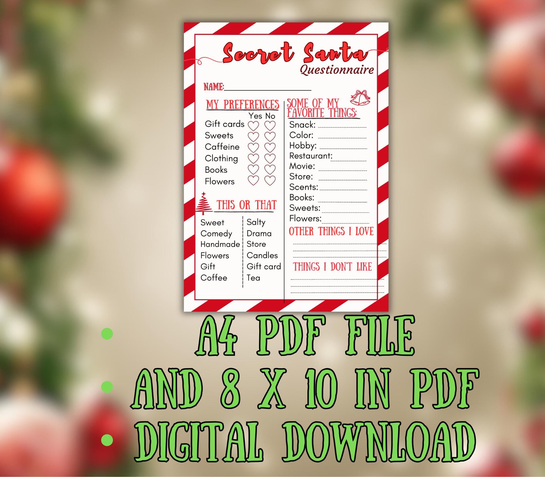 Secret Santa Survey, Christmas Questionnaire, Christmas Gift Exchange ...