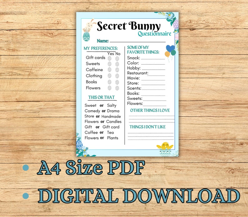 Secret Bunny Survey Questionnaire, Easter Gift Exchange, Easter ...