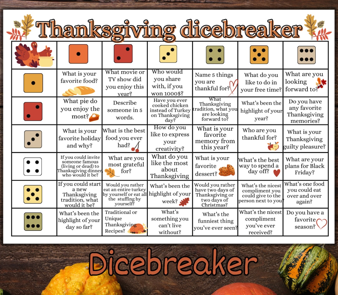 Dicebreaker Roll and Tell Game, Thanksgiving Icebreaker Game ...