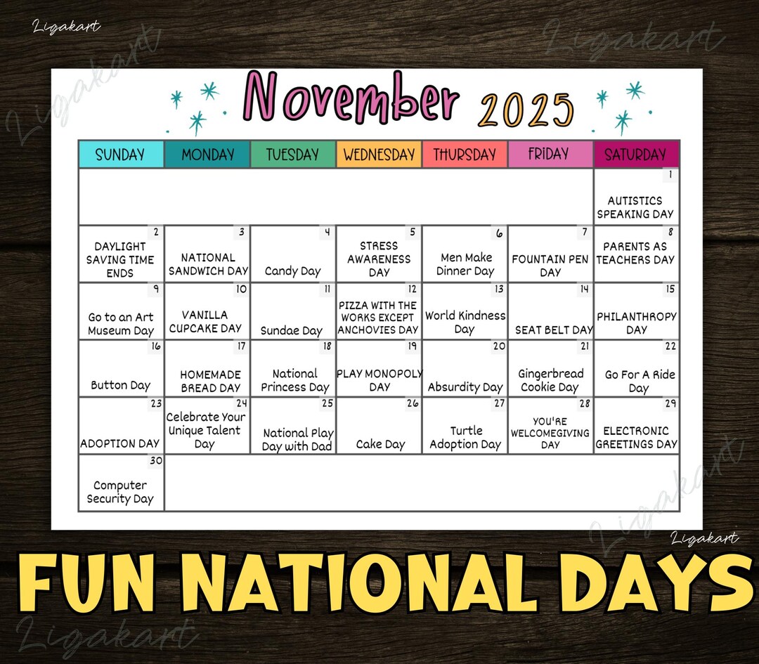 November Holiday Calendar, Printable NOVEMBER National Days Calendar - Etsy