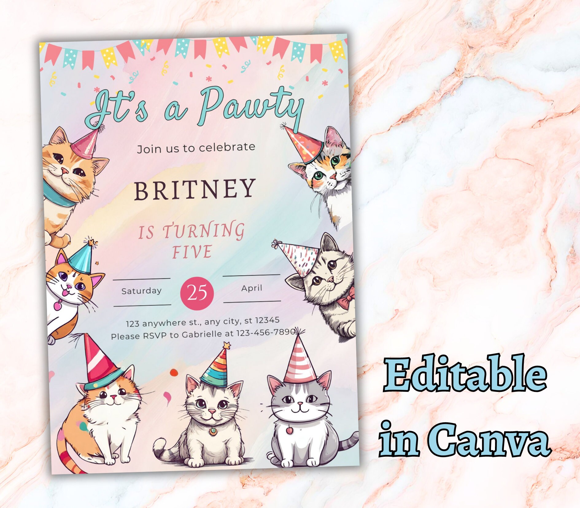 Cat Birthday Invitation, Printable Kitten Invite, Digital Invitation ...