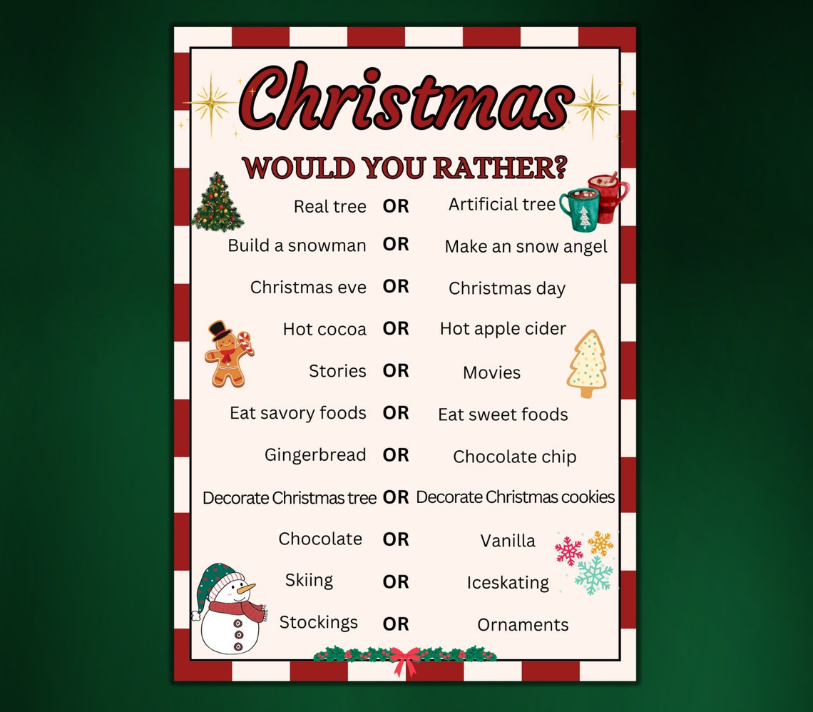 Christmas Game Printable, Christmas Would You Rather, Classroom ...