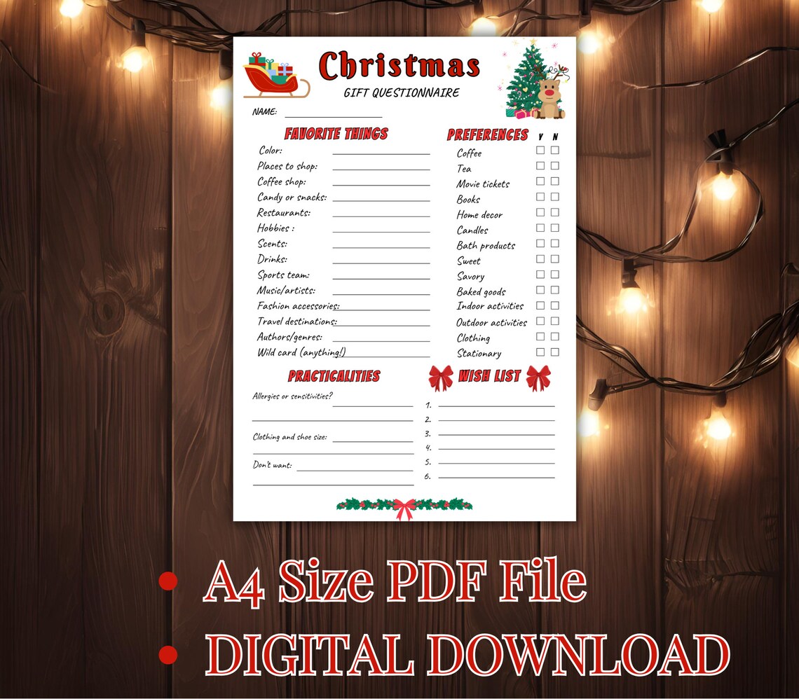 Printable Christmas Gift Questionnaire, Secret Christmas Survey, Wish ...