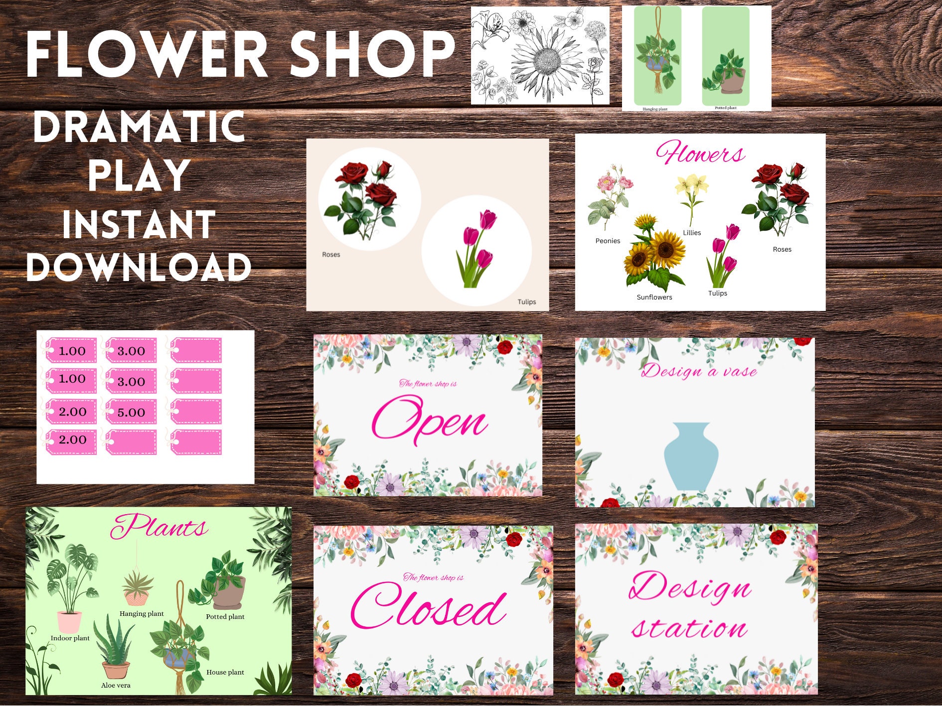 Flower Shop Dramatic Play, Printable Garden Shop Pretend Kit, Printable ...