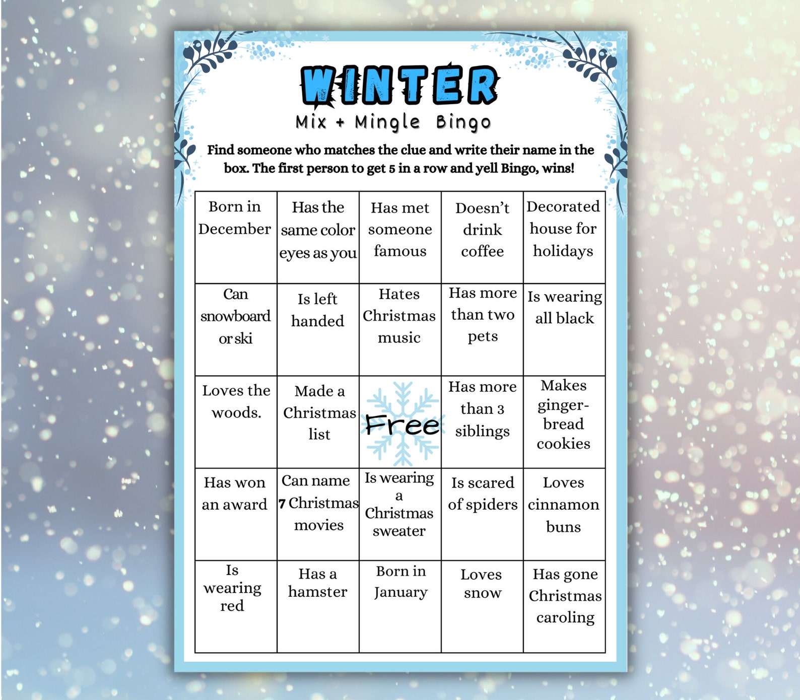 Winter Mix & Mingle Bingo Game, Christmas Find the Guest Bingo Game ...