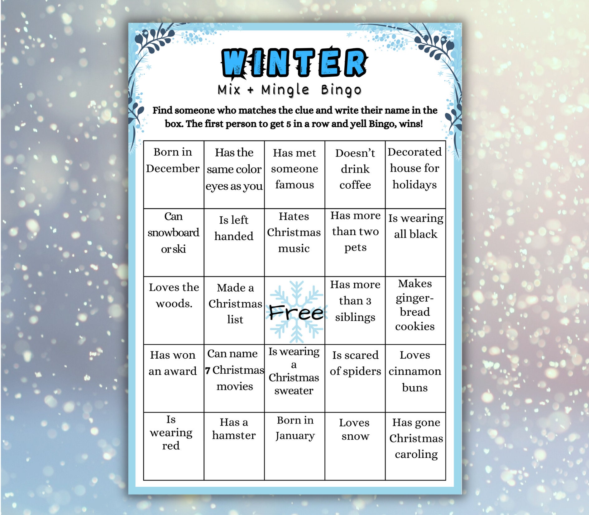 Winter Mix & Mingle Bingo Game, Christmas Find the Guest Bingo Game ...