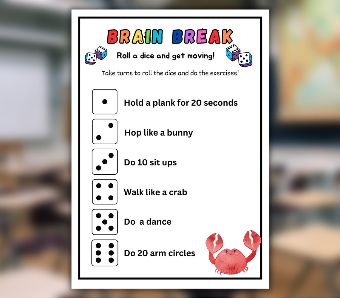 Fitness and Exercise Activity for Kids, Brain Break, Dice Game Movement ...