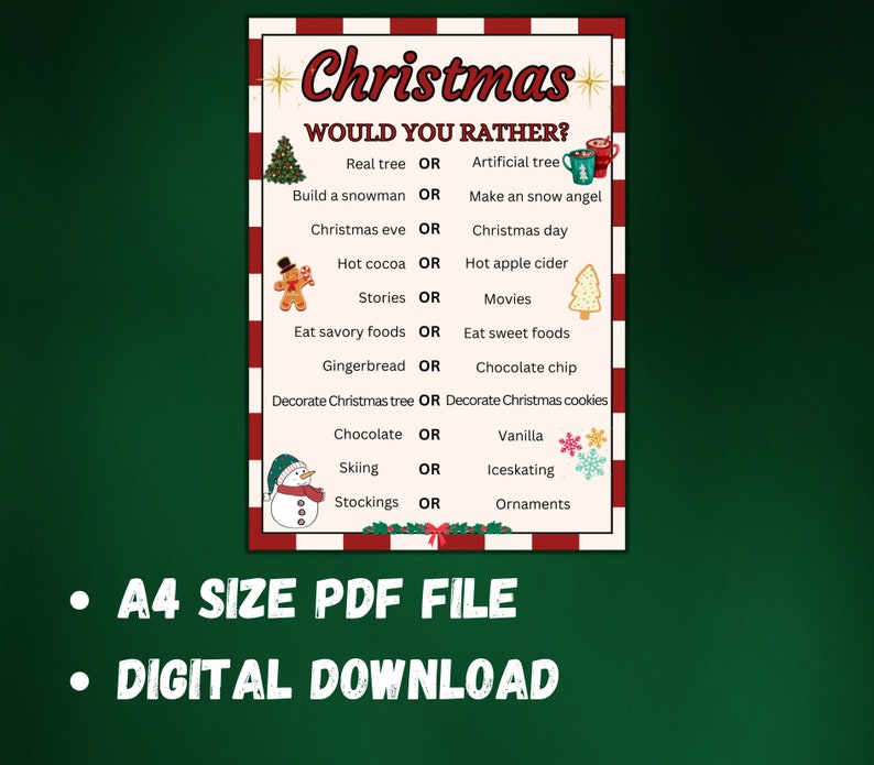 Christmas Game Printable, Christmas Would You Rather, Classroom ...