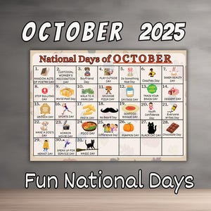 2025 Fun October Holiday Calendar, Printable OCTOBER National Days ...